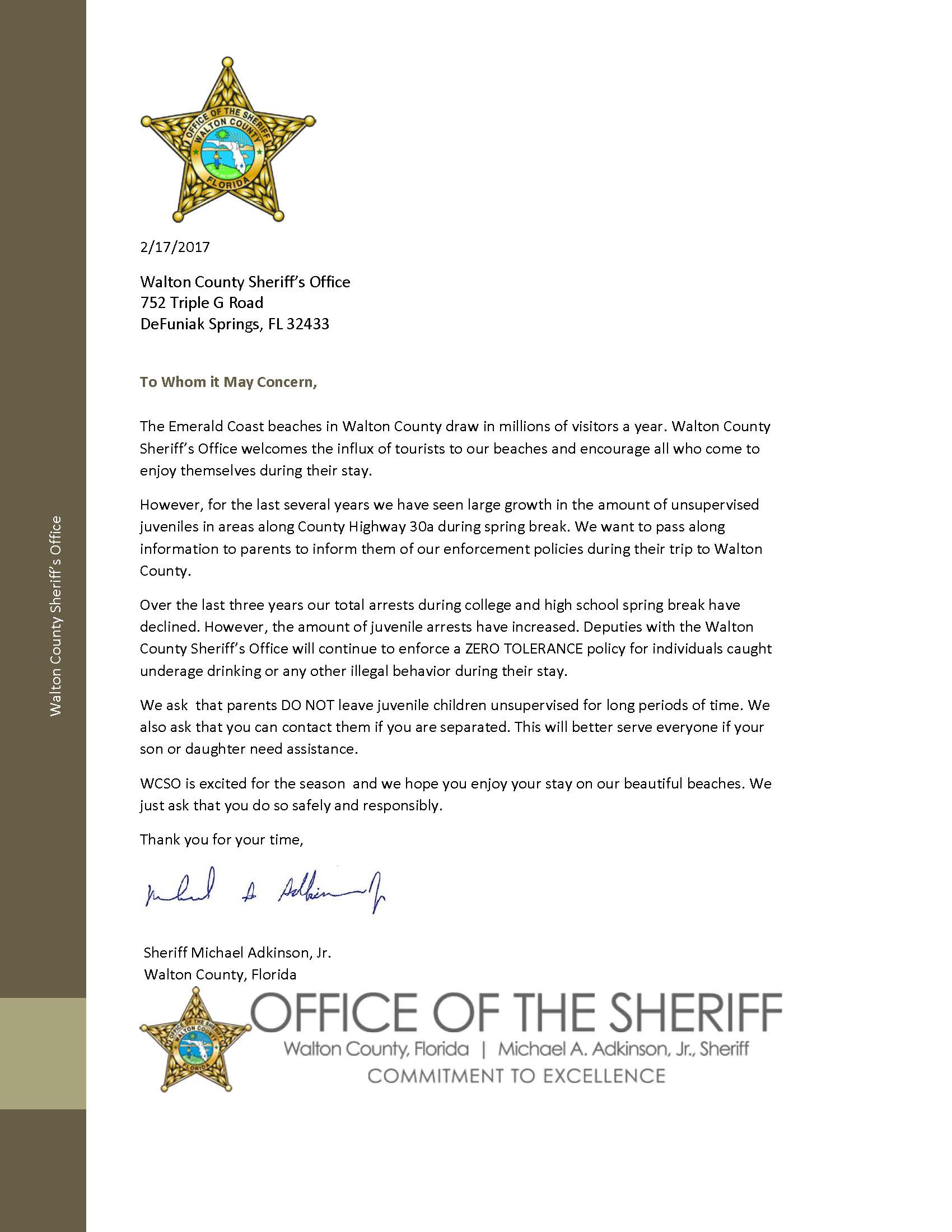 WCSO DRAFTS LETTER TO PARENTS BEFORE START OF HIGH SCHOOL SPRING BREAK ...
